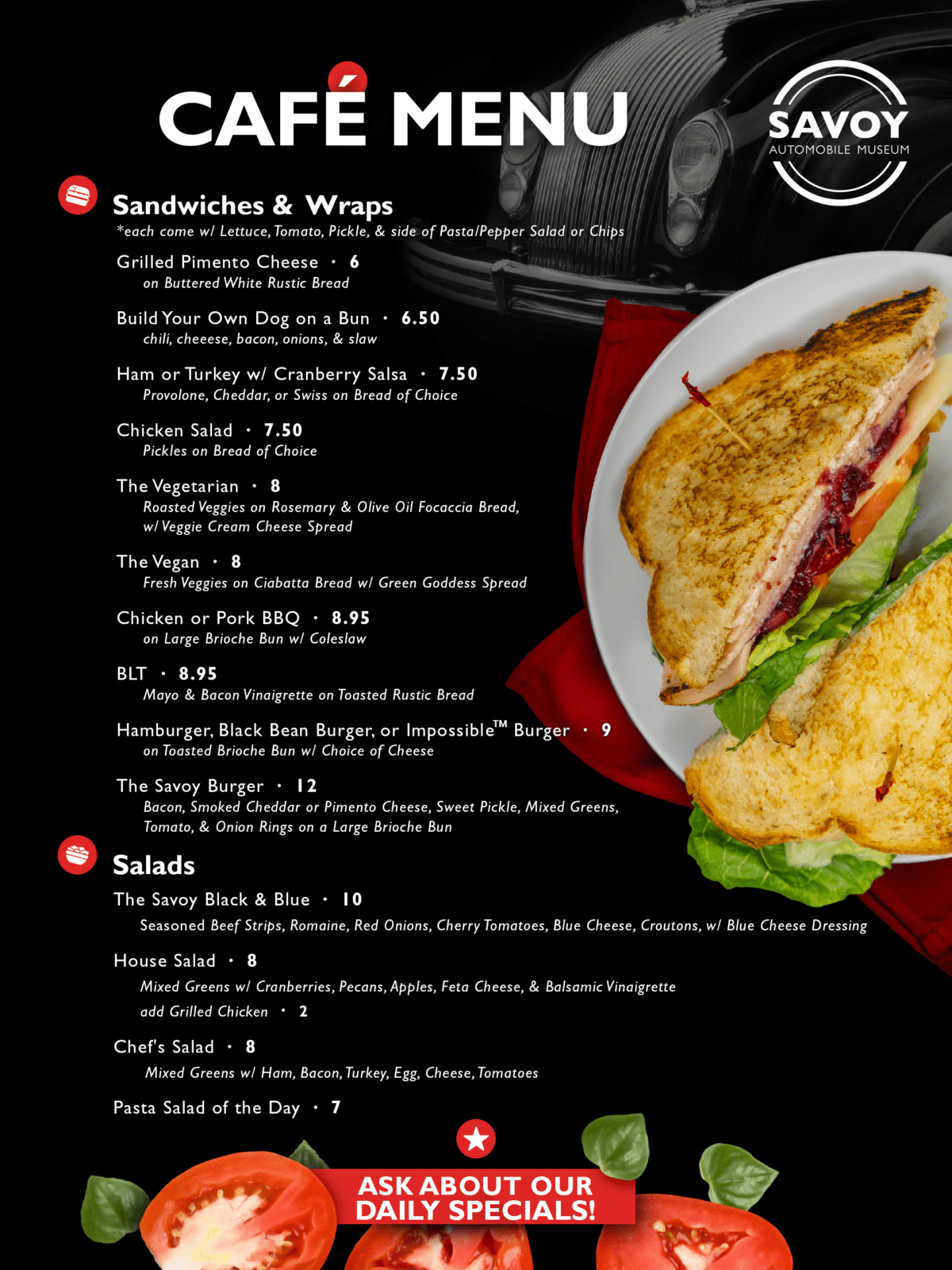 Savoy Cafe Lunch Menu | Savoy Automobile Museum